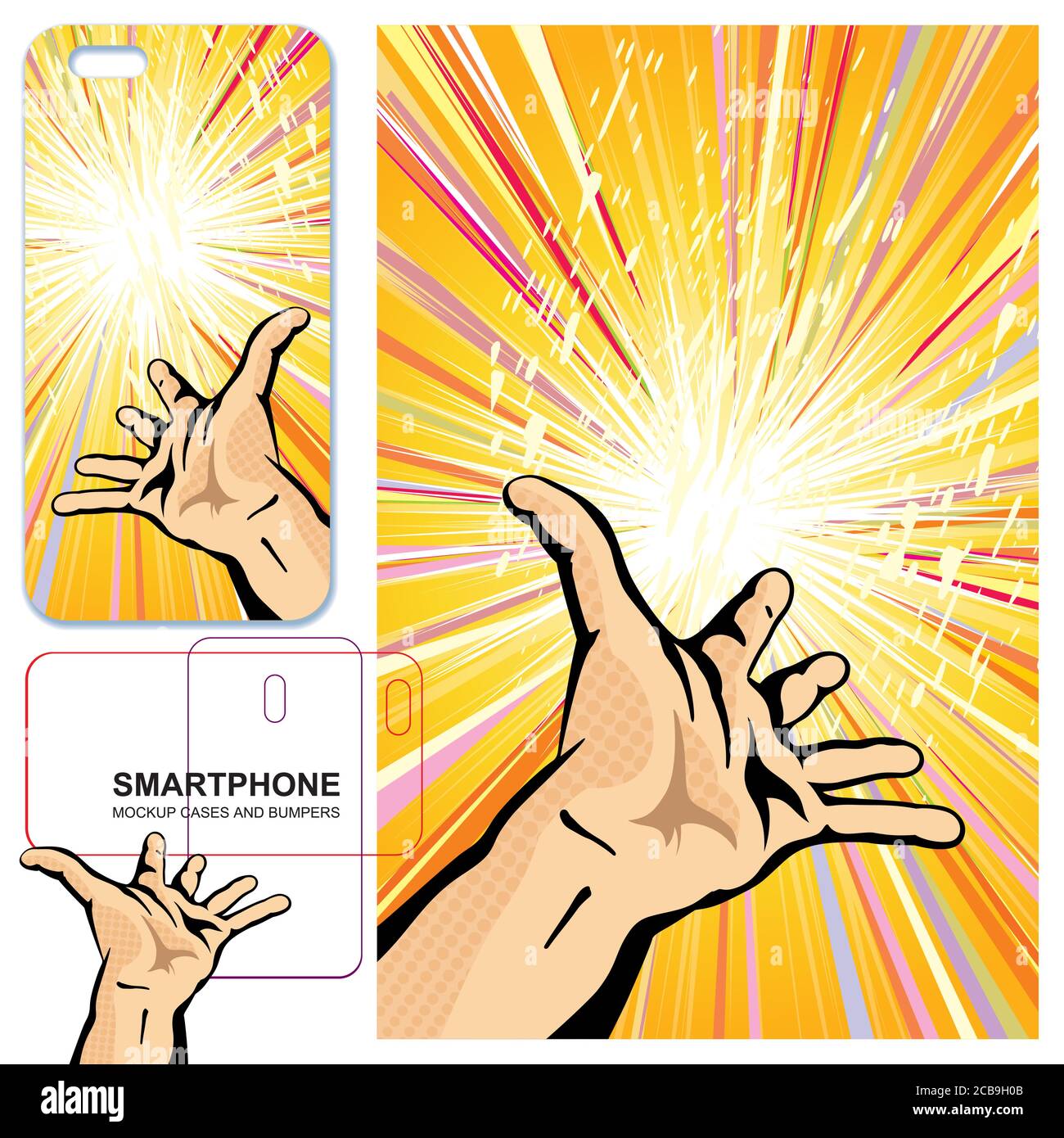 Mobile phone cover design. Man's hand stretches up. invitation, welcome ...