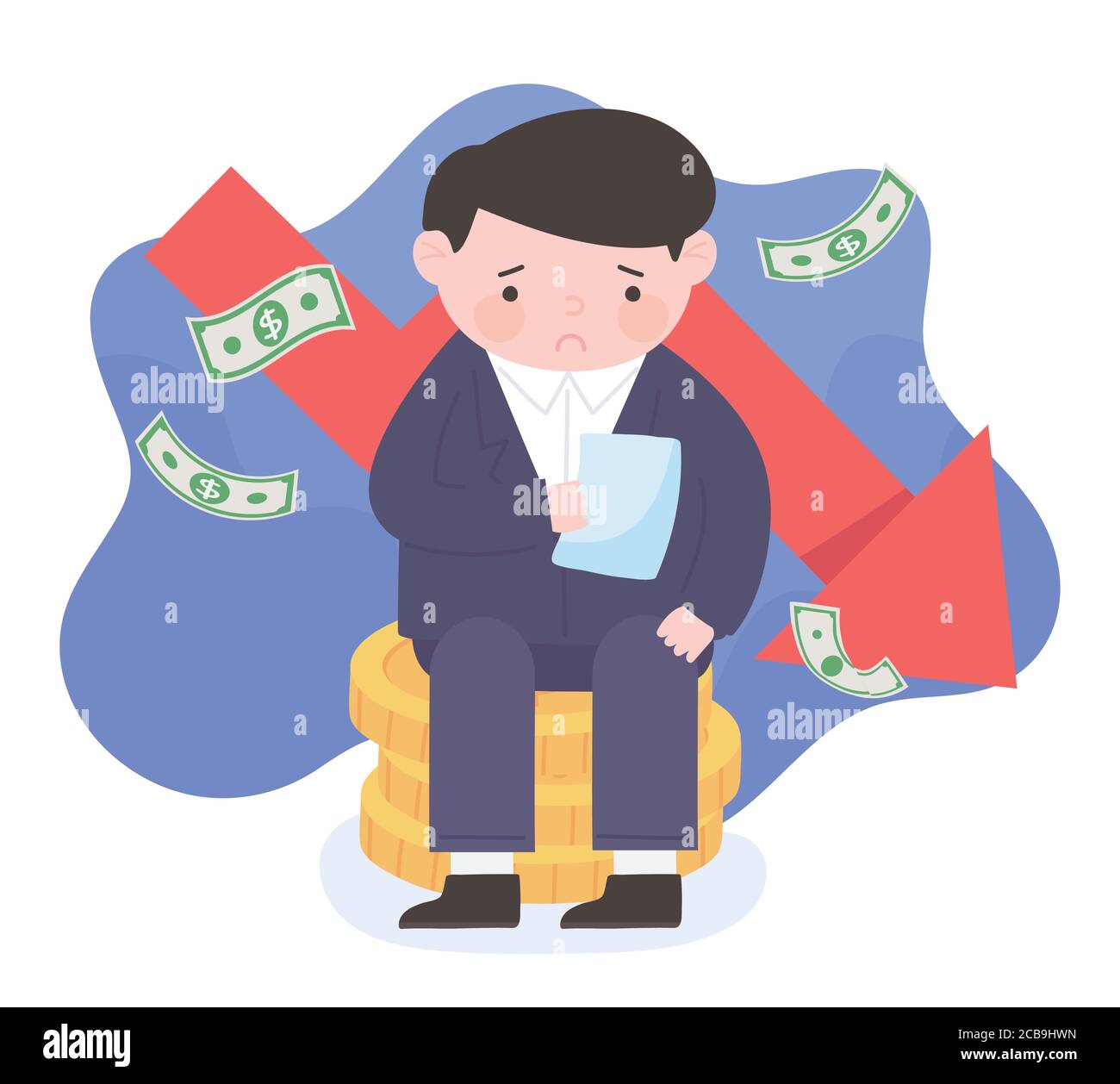 bankruptcy sad man with bill sitting on coins money red arrow down ...