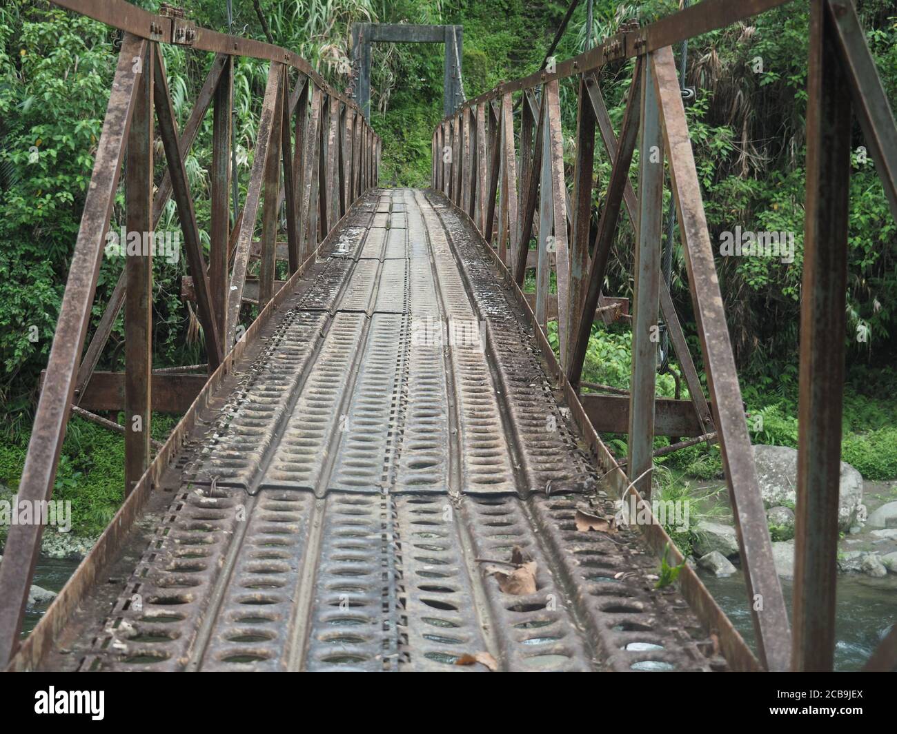 High angle shot of an old metal footbridge in the forest Stock Photo ...