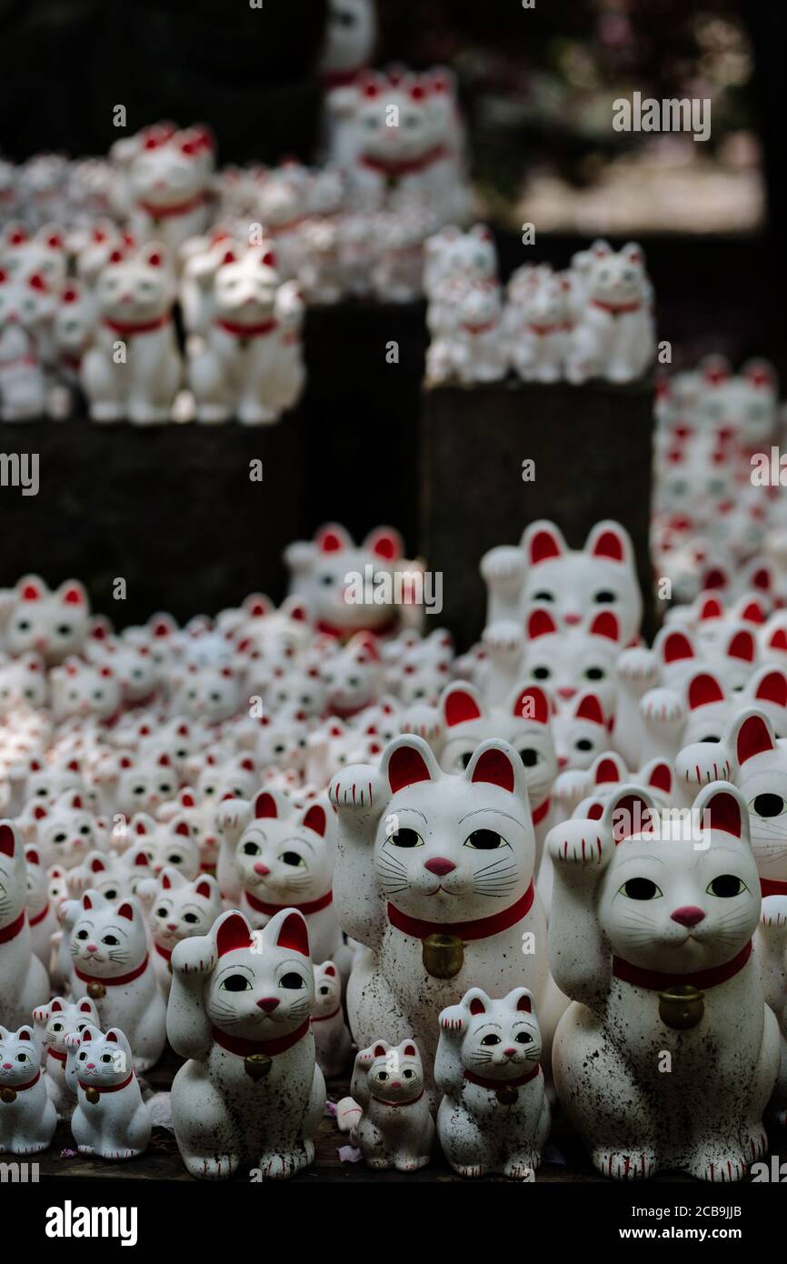 Vertical shot of a Japanese beckoning statue cat Maneki Neko that ...