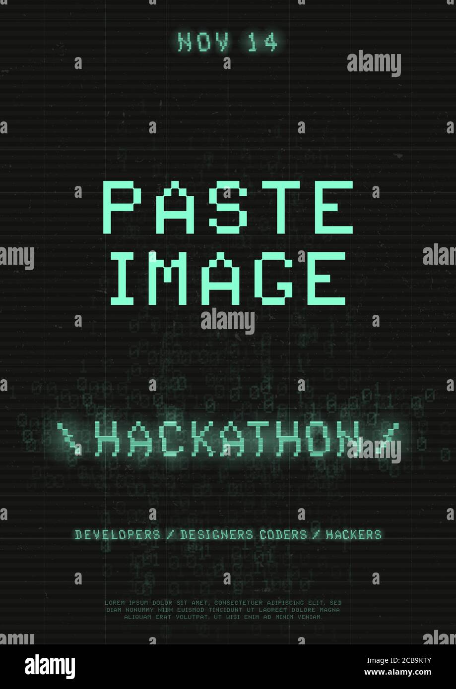 Hackathon poster. Retrowave cyberpunk futuristic poster with 8-bit pixel glitch typography ...