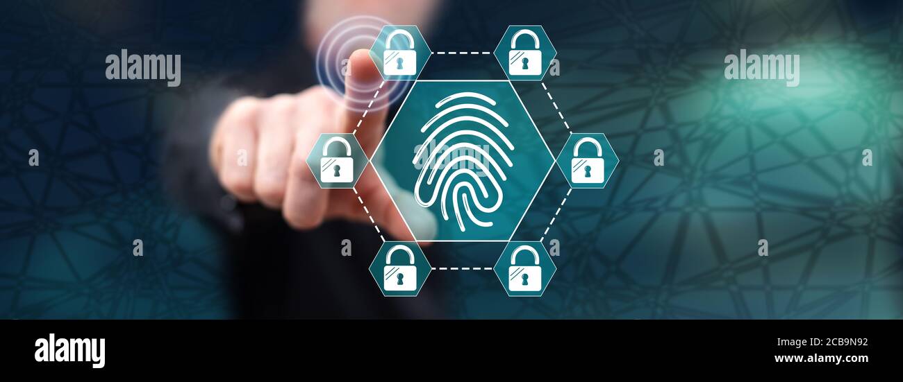Man touching a fingerprint security system concept on a touch screen ...