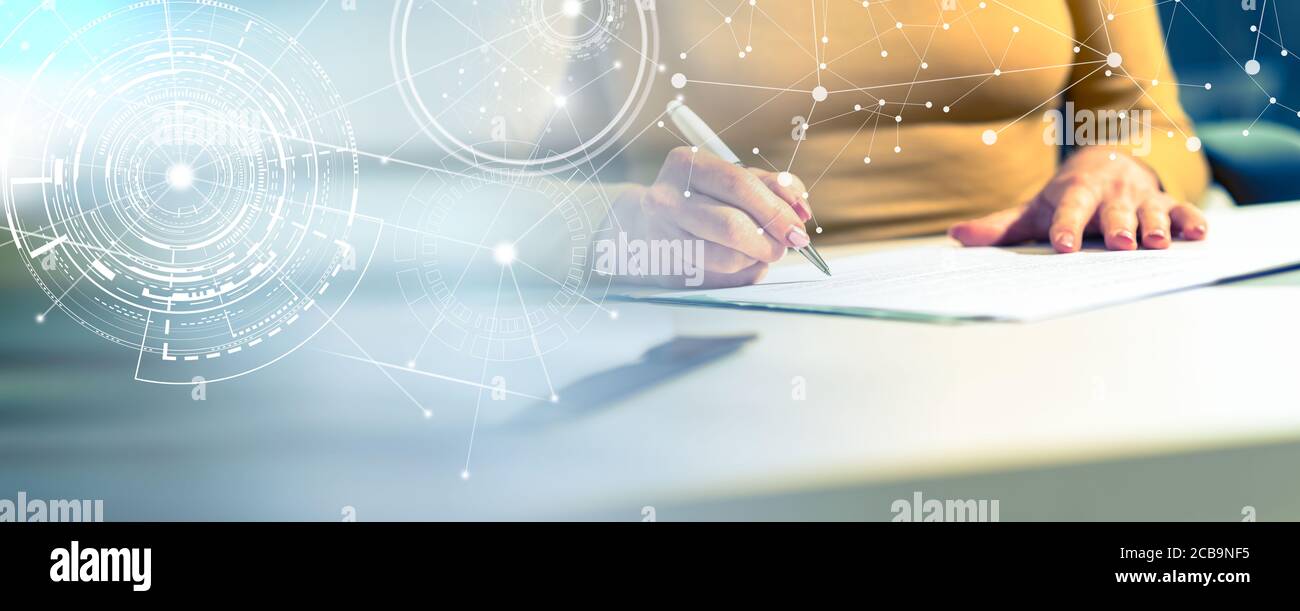 Businesswoman signing document in office; panoramic banner Stock Photo ...