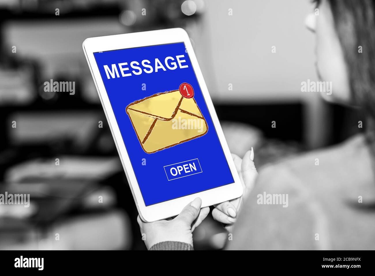 Tablet screen displaying a message concept Stock Photo - Alamy