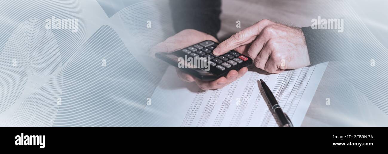 Male hand using calculator, accounting concept. panoramic banner Stock ...