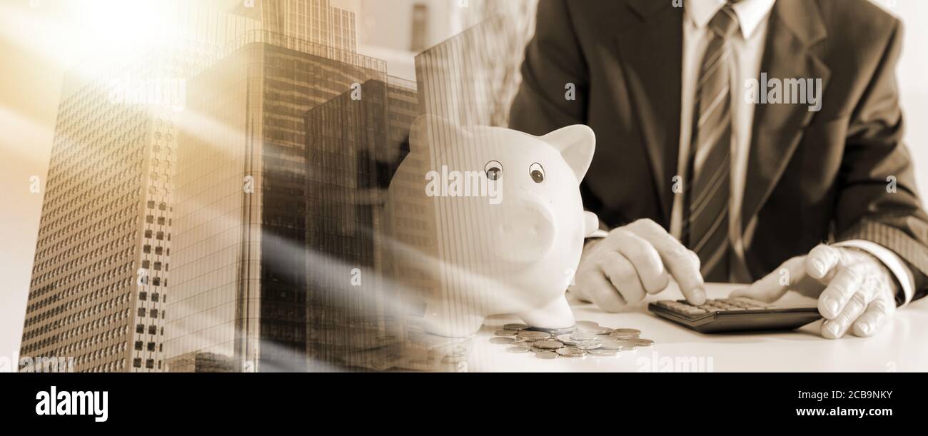 Banker counting money at the agency; multiple exposure Stock Photo - Alamy