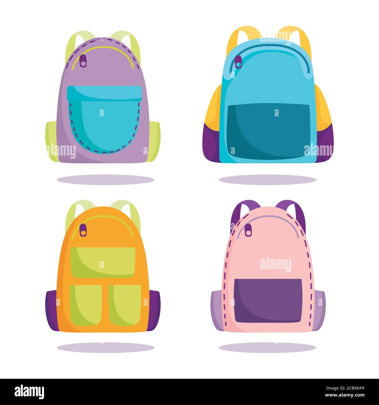 back to school, backpacks elementary education cartoon icons set vector ...