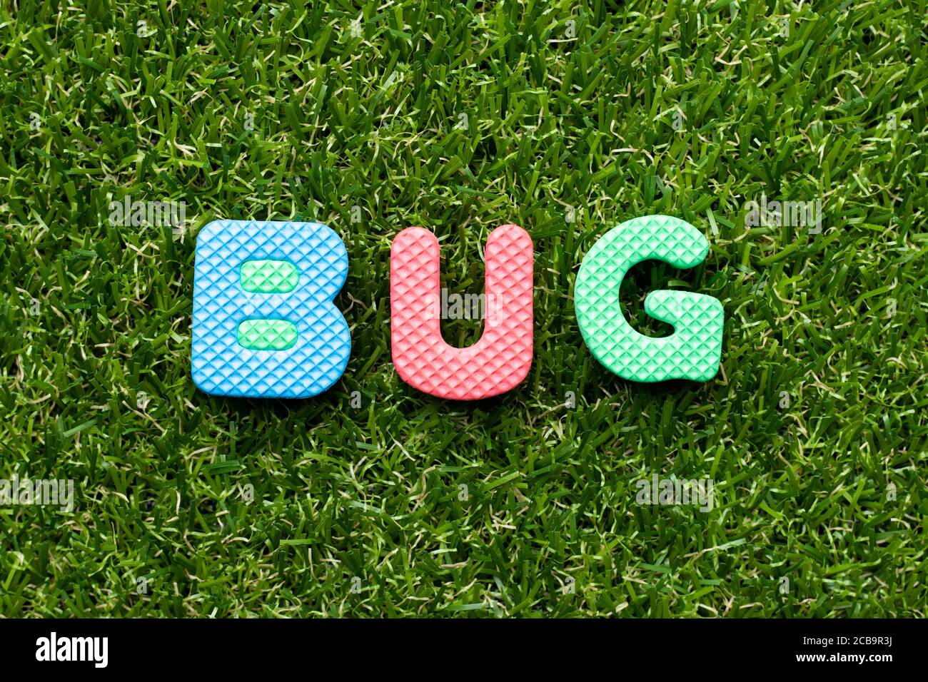 Toy foam letter in word bug on green grass background Stock Photo - Alamy