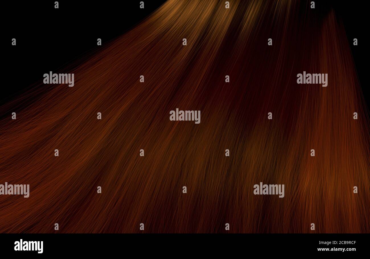 A closeup view of a head of shiny straight ginger hair in a wavy curved ...