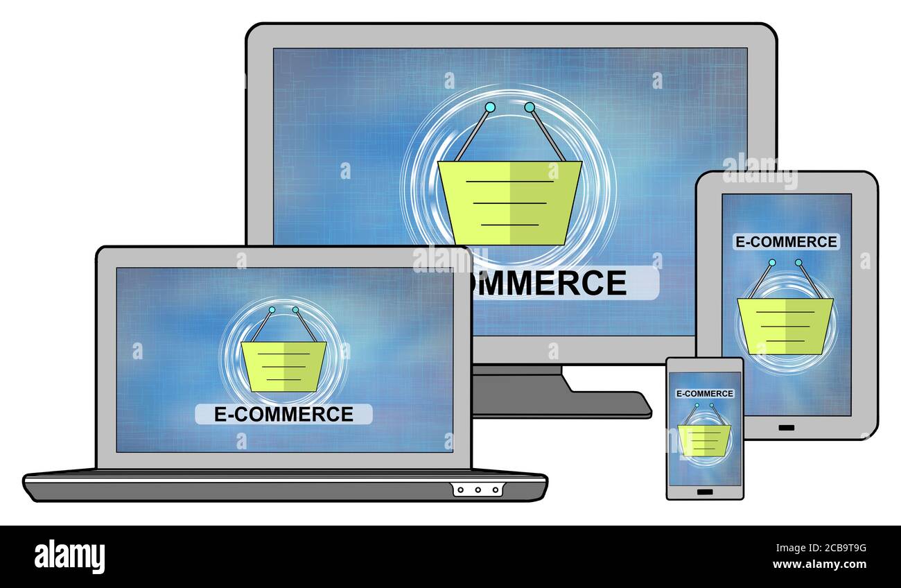 E-commerce concept shown on different information technology devices ...