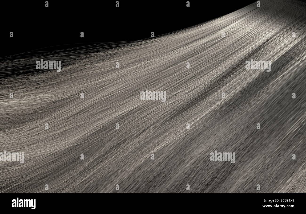 A closeup view of a head of shiny straight white hair in a wavy curved ...