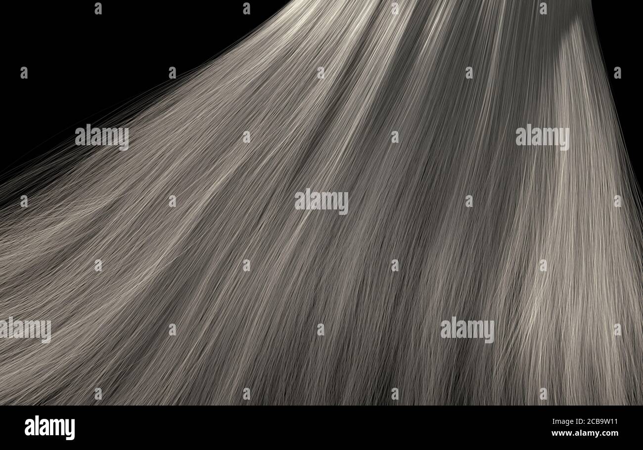 A closeup view of a head of shiny straight white hair in a wavy curved ...