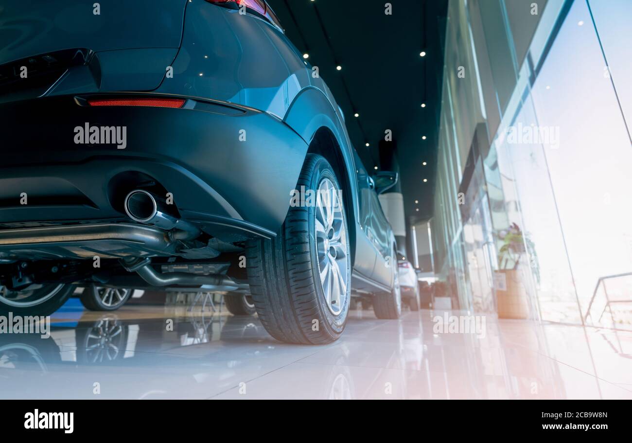 Selective focus on car in modern showroom. Back view of new car in ...