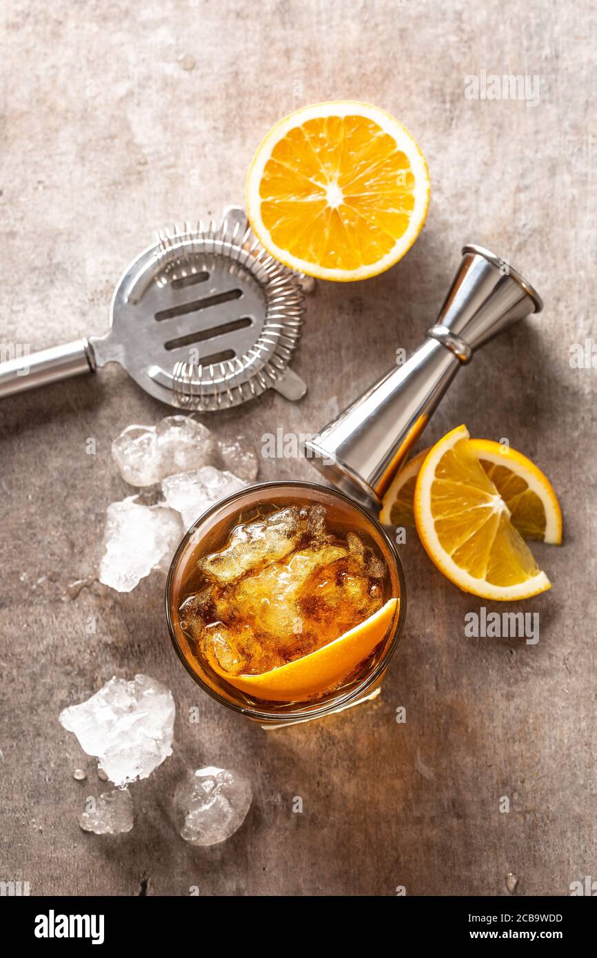 Cocktail Old fashioned Negroni with orange on the bar counter Stock ...