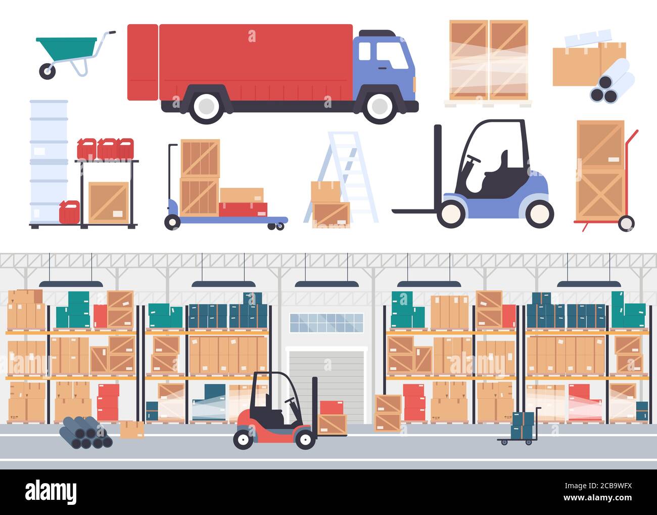 Warehouse stockroom vector illustration. Cartoon flat warehousing ...