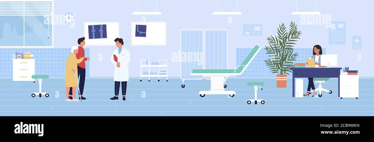 Traumatology checkup vector illustration. Cartoon old woman patient and ...