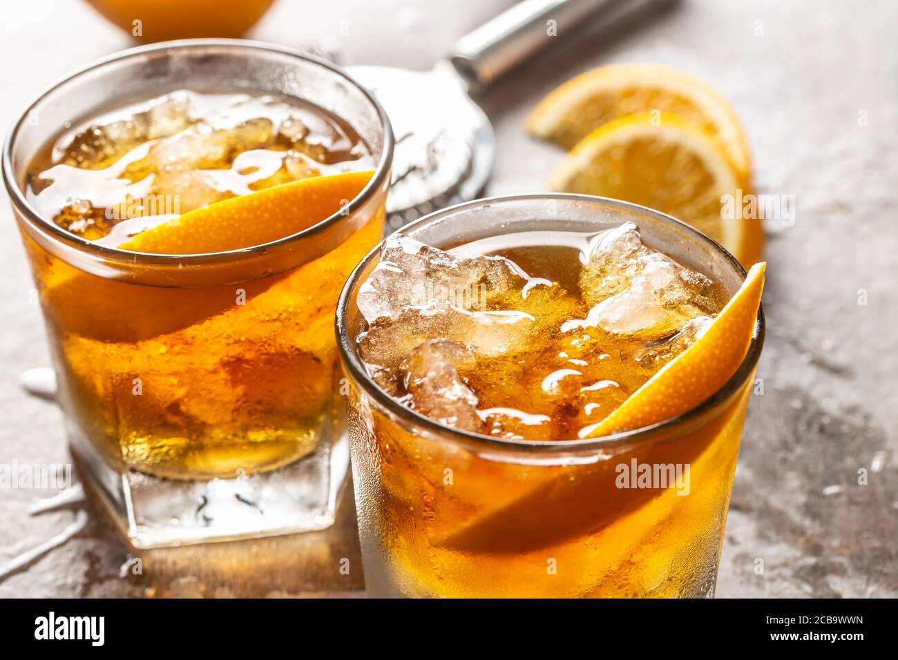 Cocktail Old fashioned Negroni with orange on the bar counter Stock ...