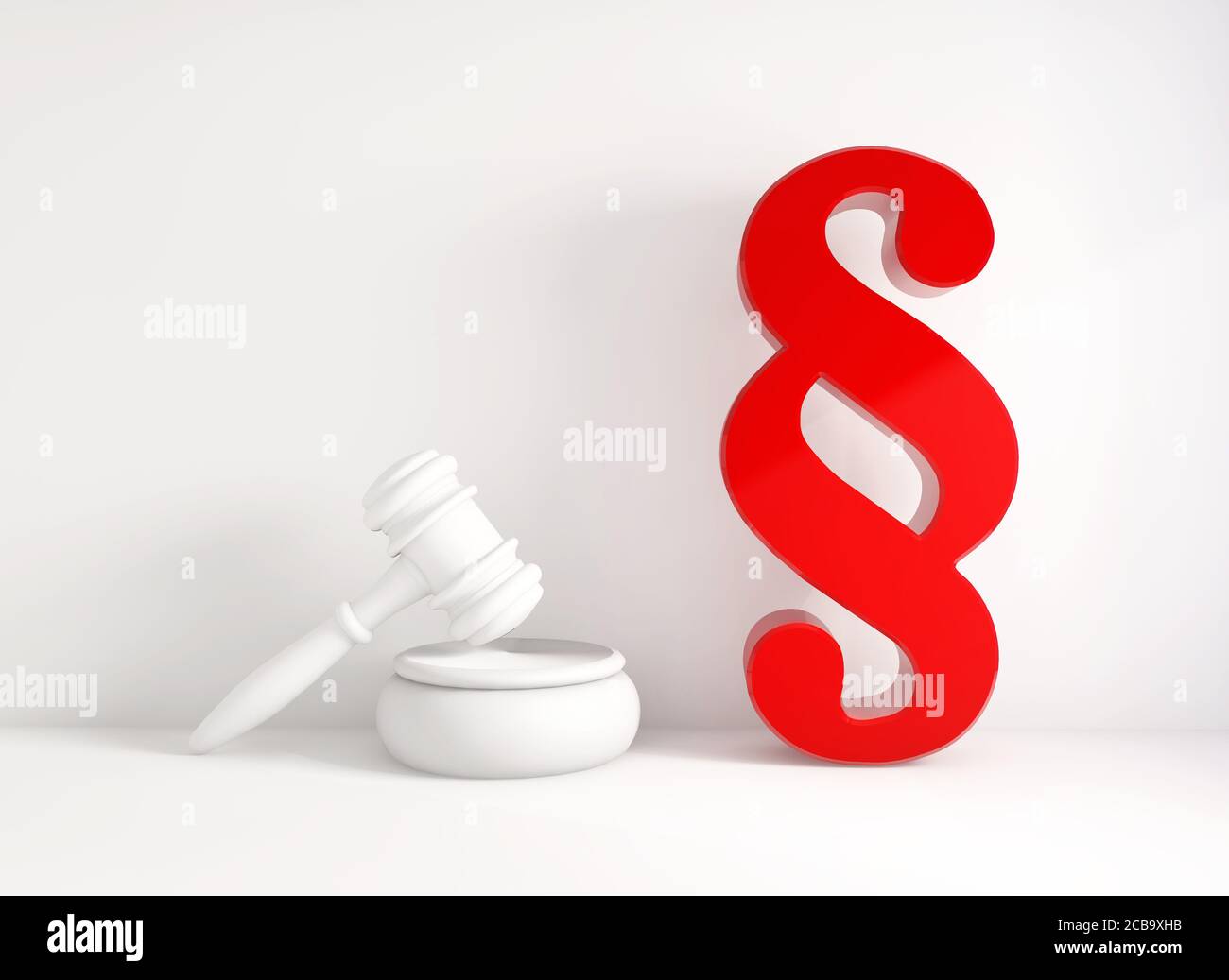 Red paragraph symbol and a white judge's hammer on a white background ...