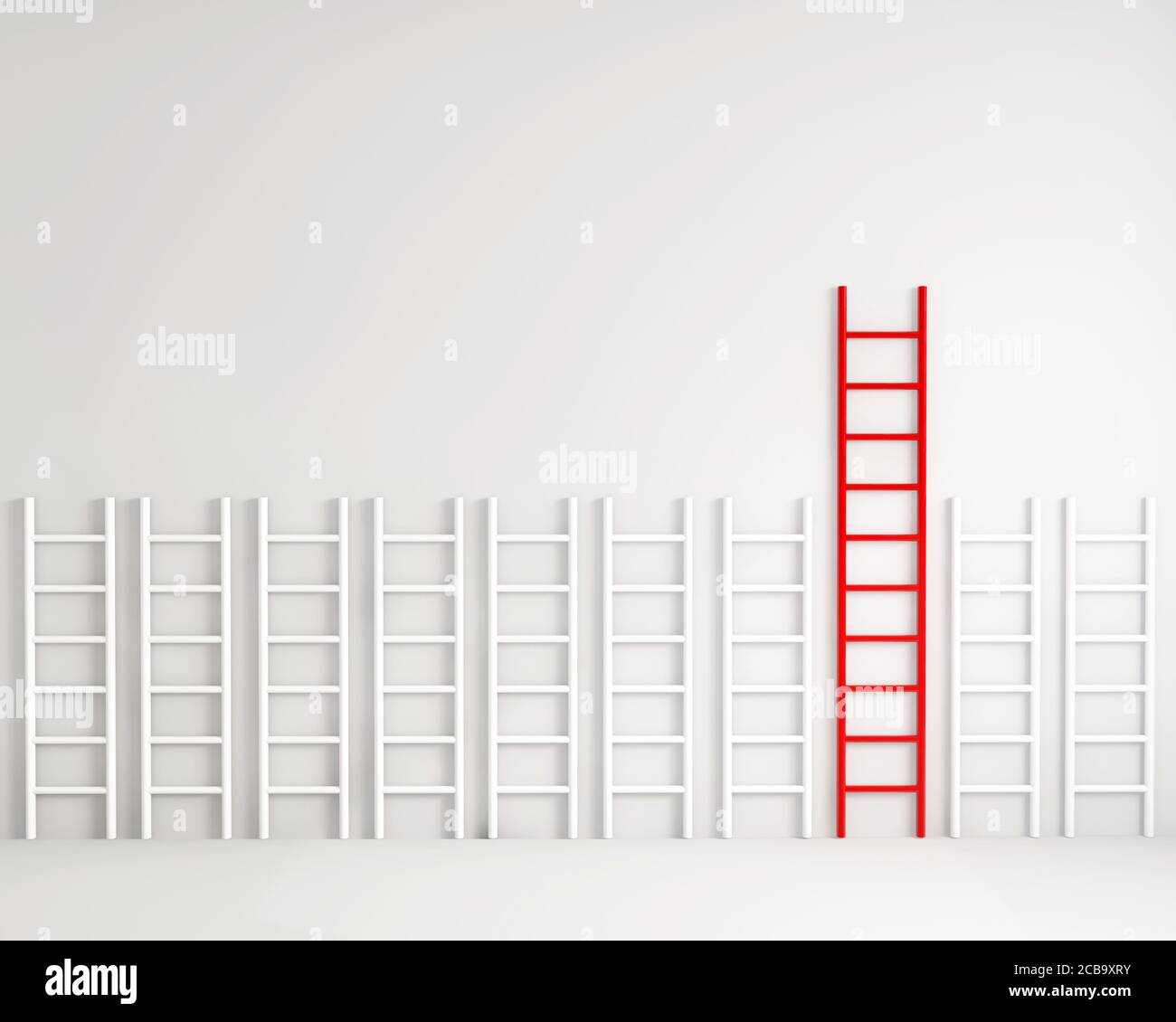 3D rendering illustration of a red ladder among white ladders against a ...