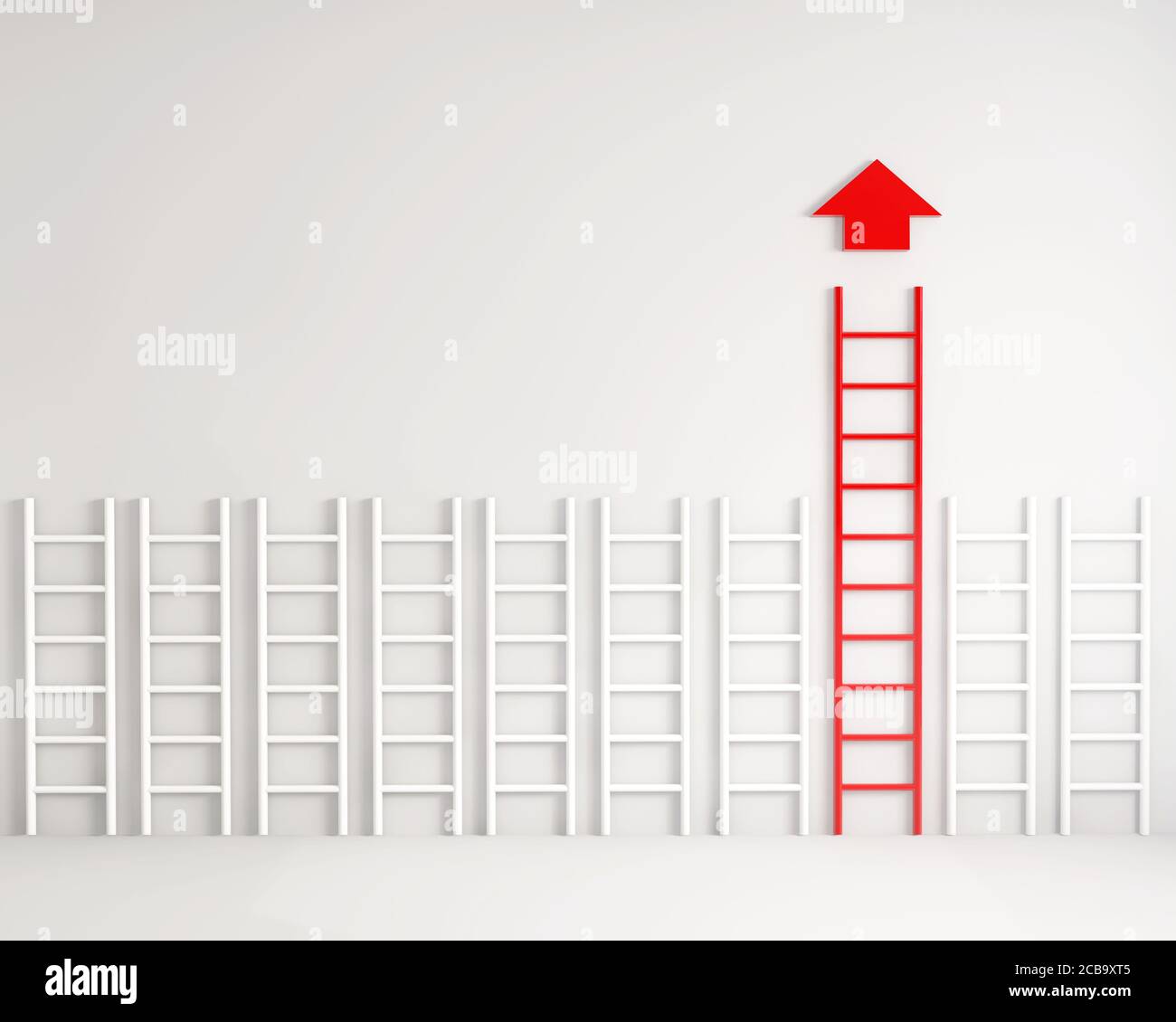 Red step ladder under a red arrow showing up among white ladders on a ...