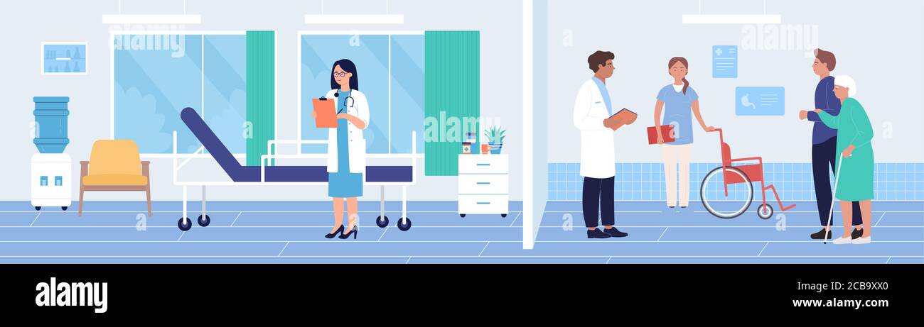 Old people in hospital vector illustration. Cartoon flat elderly ...