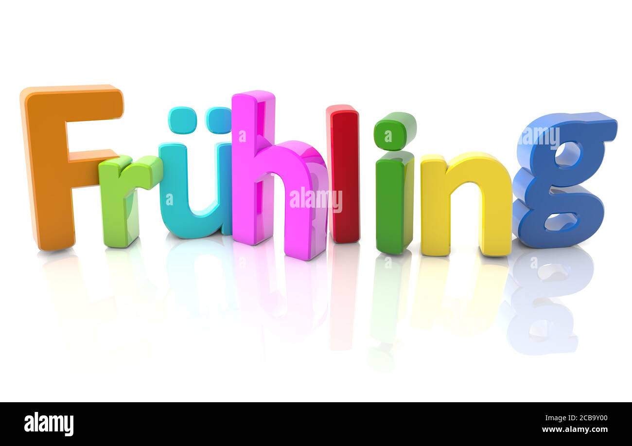 3D rendering illustration of the word Fruhling with colorful letters on ...