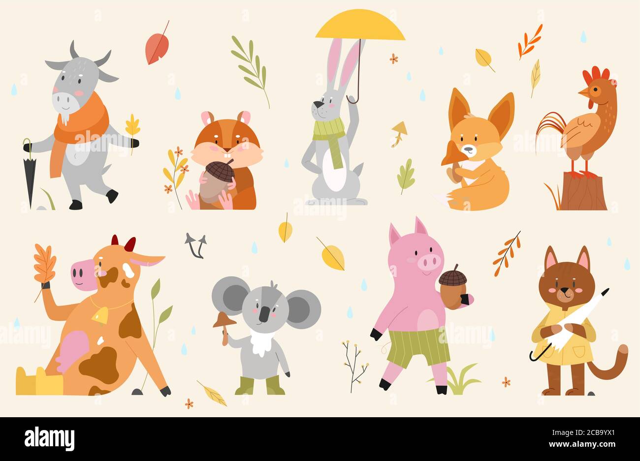 Autumn animals vector illustration set. Cartoon hand drawn autumnal ...