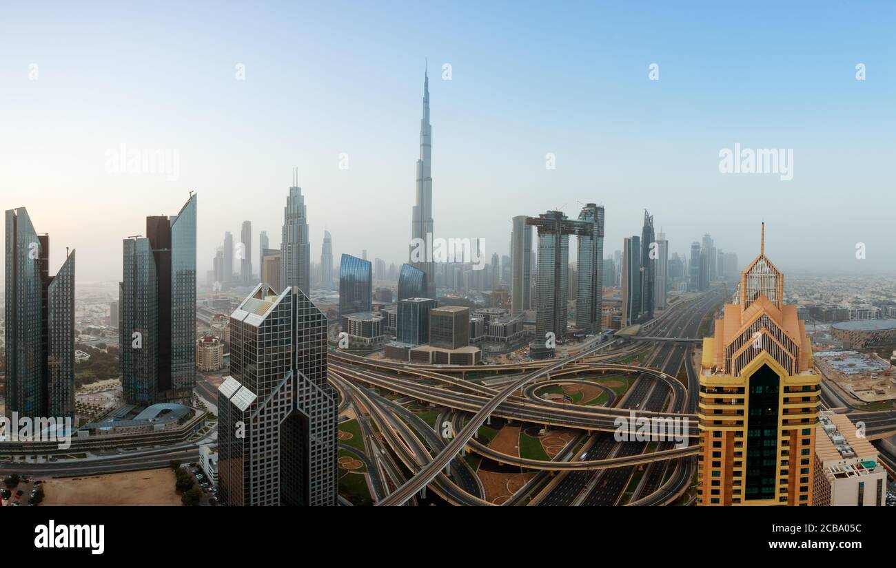 Dubai sunset panoramic view of downtown. Dubai is super modern city of ...