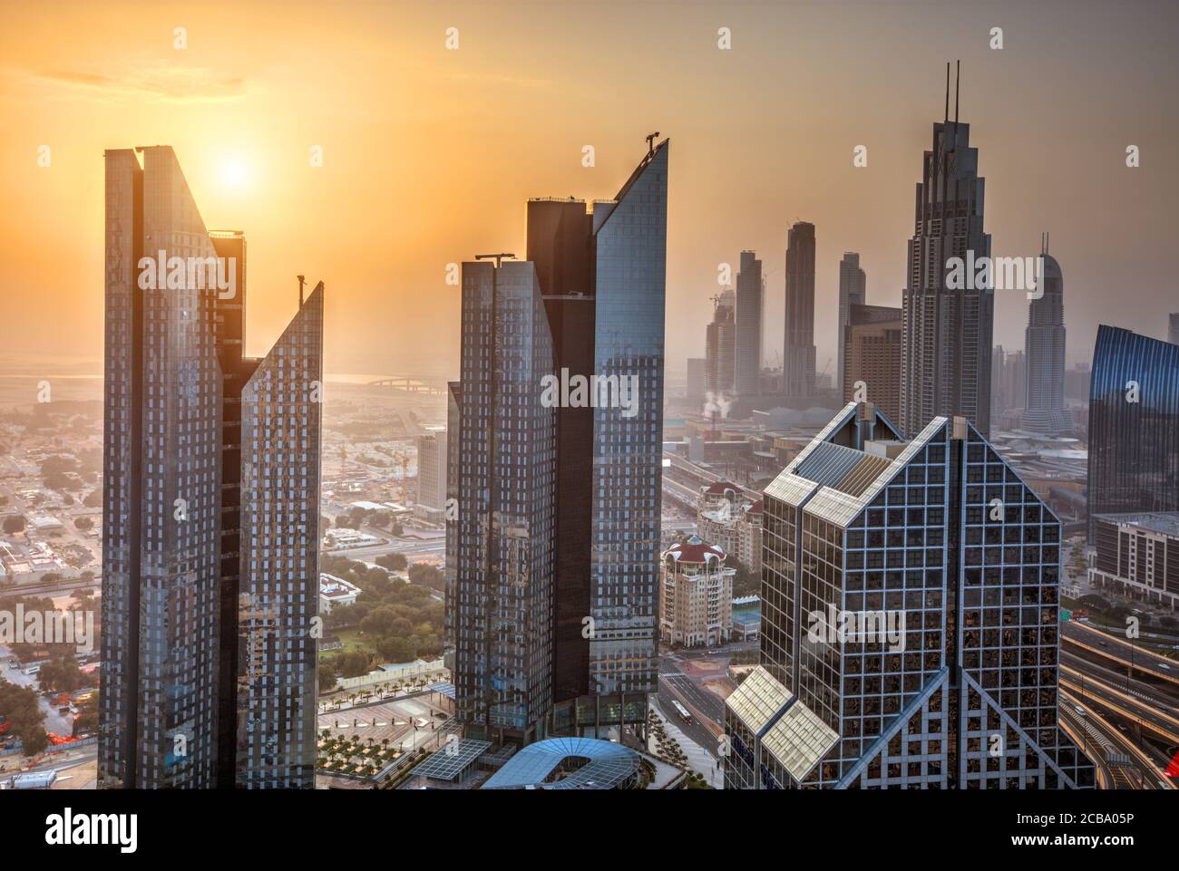 Dubai sunset panoramic view of downtown. Dubai is super modern city of ...