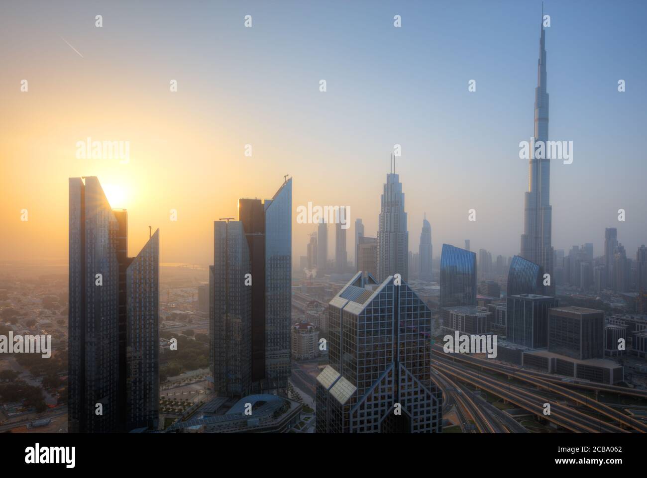 Dubai sunset panoramic view of downtown. Dubai is super modern city of ...