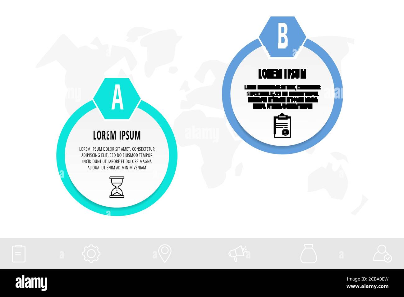 Infographics circles with 2 steps, icons. Flat line vector template. Can be used for two ...