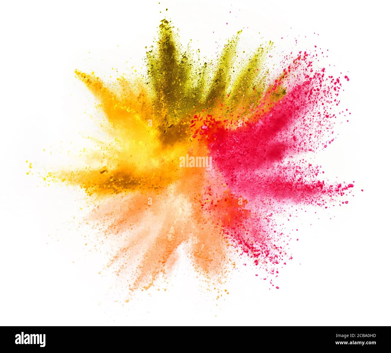 Multi colored powder explosion isolated on white background. Freeze ...