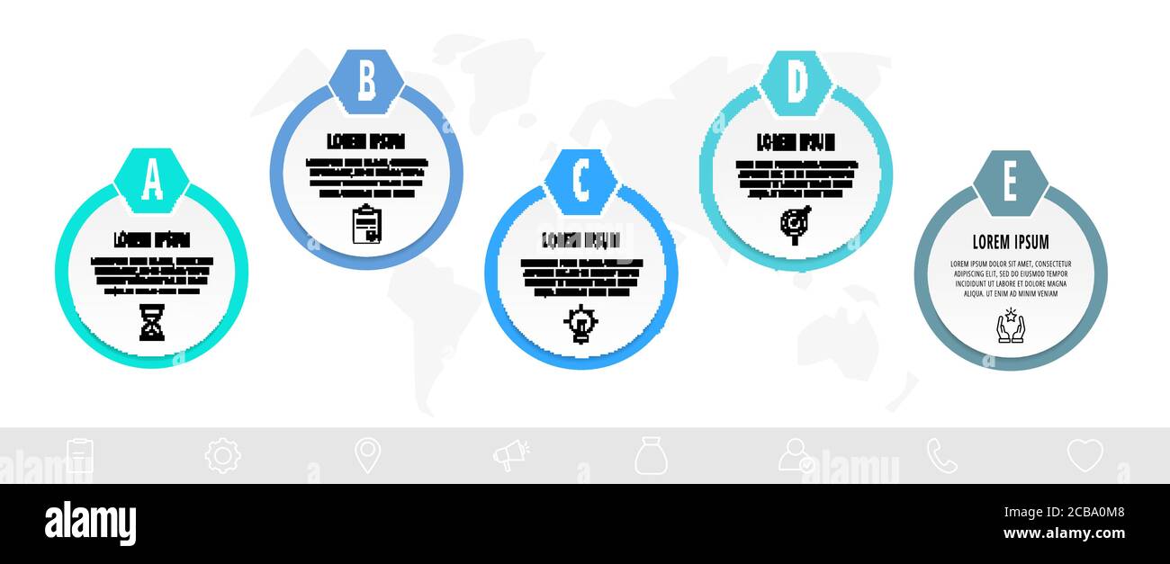 Infographics circles with 5 steps, labels. Flat line vector template. Can be used for five ...