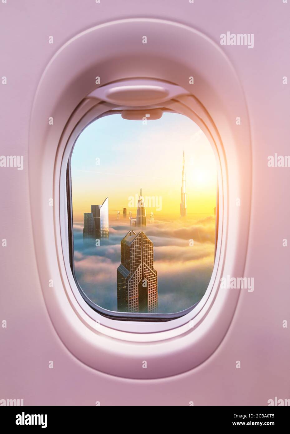 Airplane interior with window view of Dubai city, UAE. Concept of ...