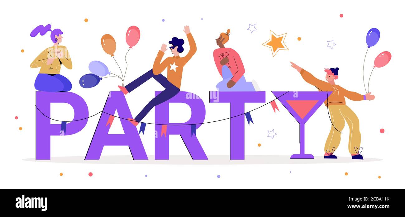 Happy people with party word vector illustration. Cartoon flat tiny ...