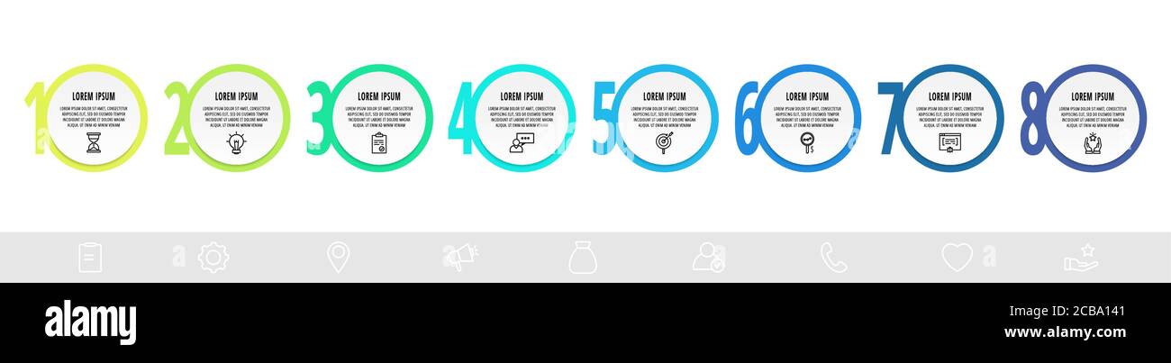 Infographics circles with 8 steps, icons. Flat line vector template ...