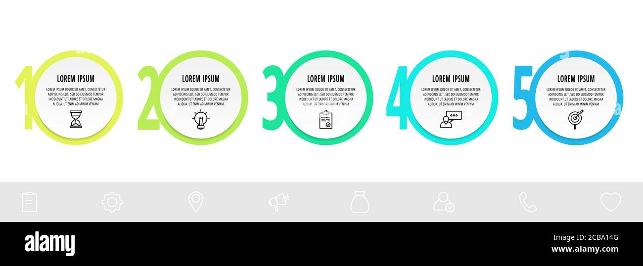 Infographics circles with 5 steps, labels. Flat line vector template. Can be used for five ...