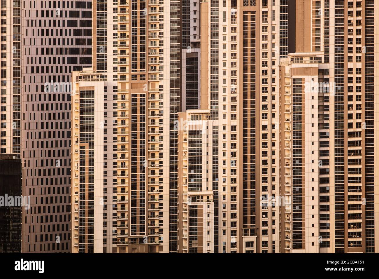 Close up of skyscrapers in Dubai, UAE. Modern city iving in high ...
