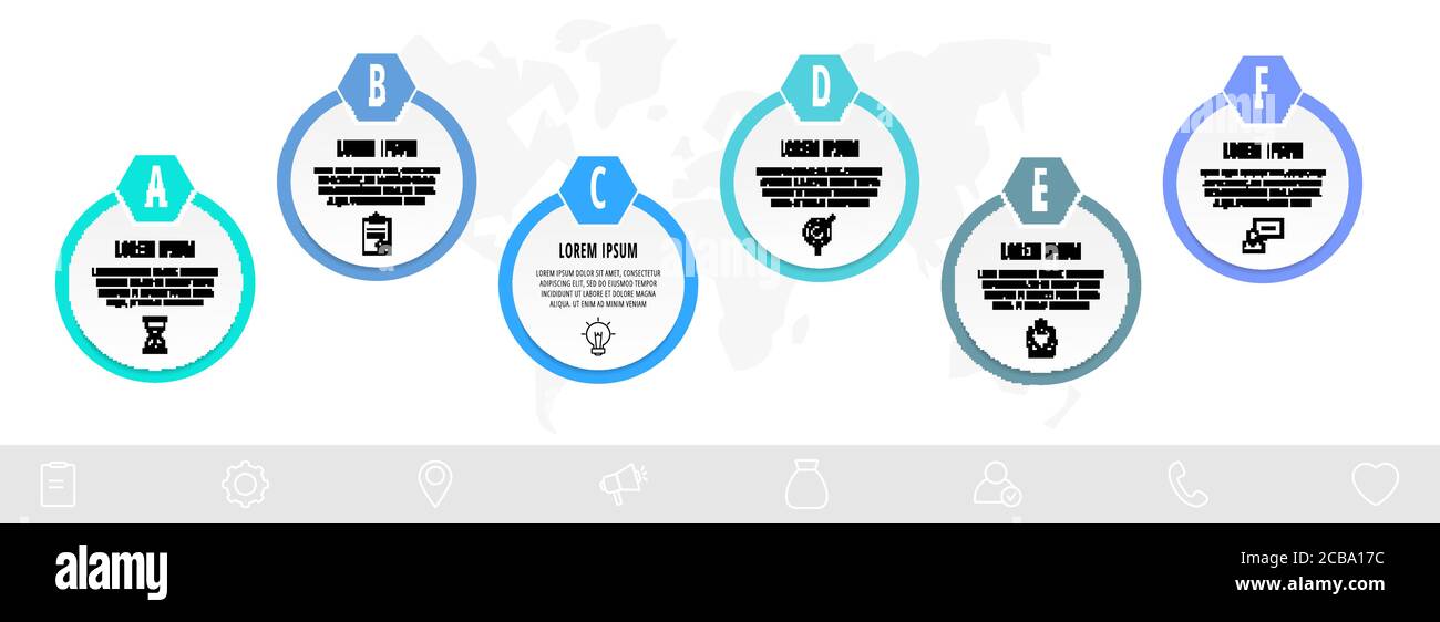 Infographics circles with 6 steps, icons. Flat line vector template. Can be used for six ...