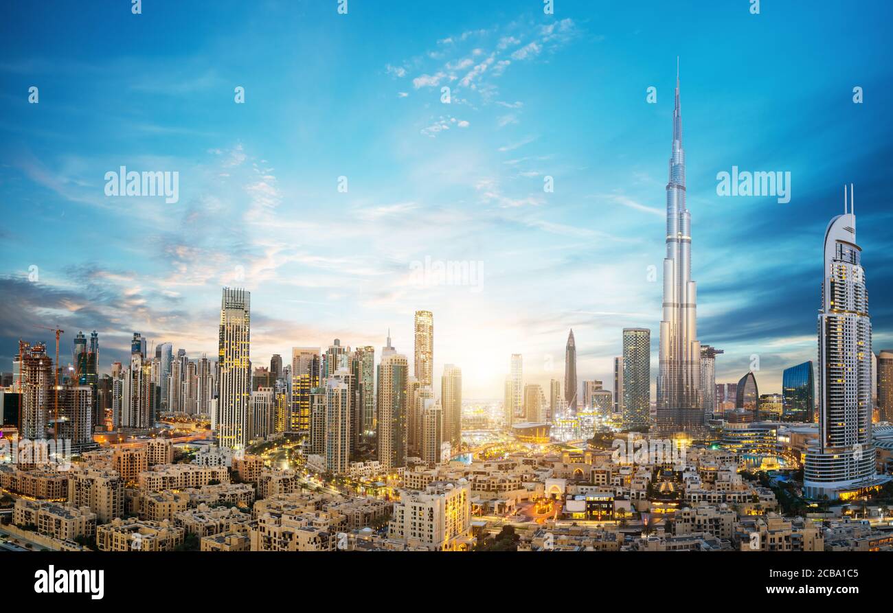 Dubai sunset panoramic view of downtown. Dubai is super modern city of ...