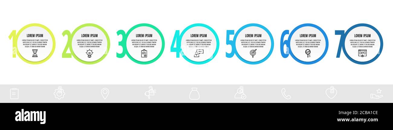 Infographics circles with 7 steps, icons. Flat line vector template. Can be used for seven ...