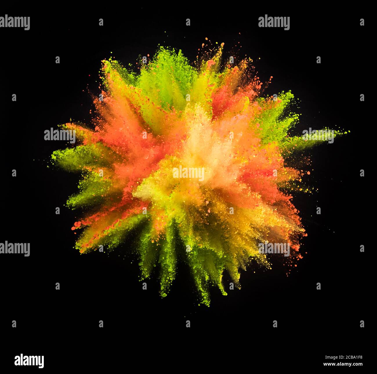 Multi colored powder explosion isolated on black background. Freeze ...