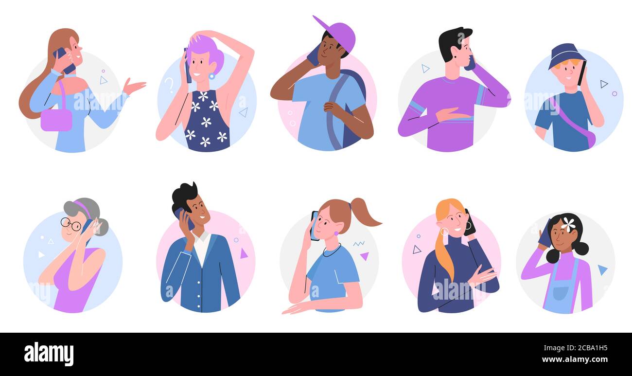 People talk on phone vector illustration set. Cartoon flat happy ...