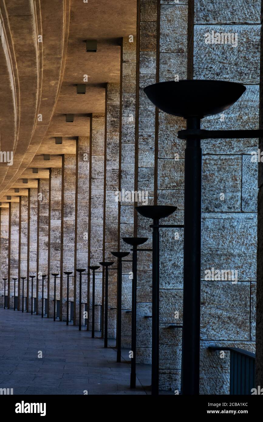 Classic Nazi architecture with line of pillars along corridor in Berlin ...
