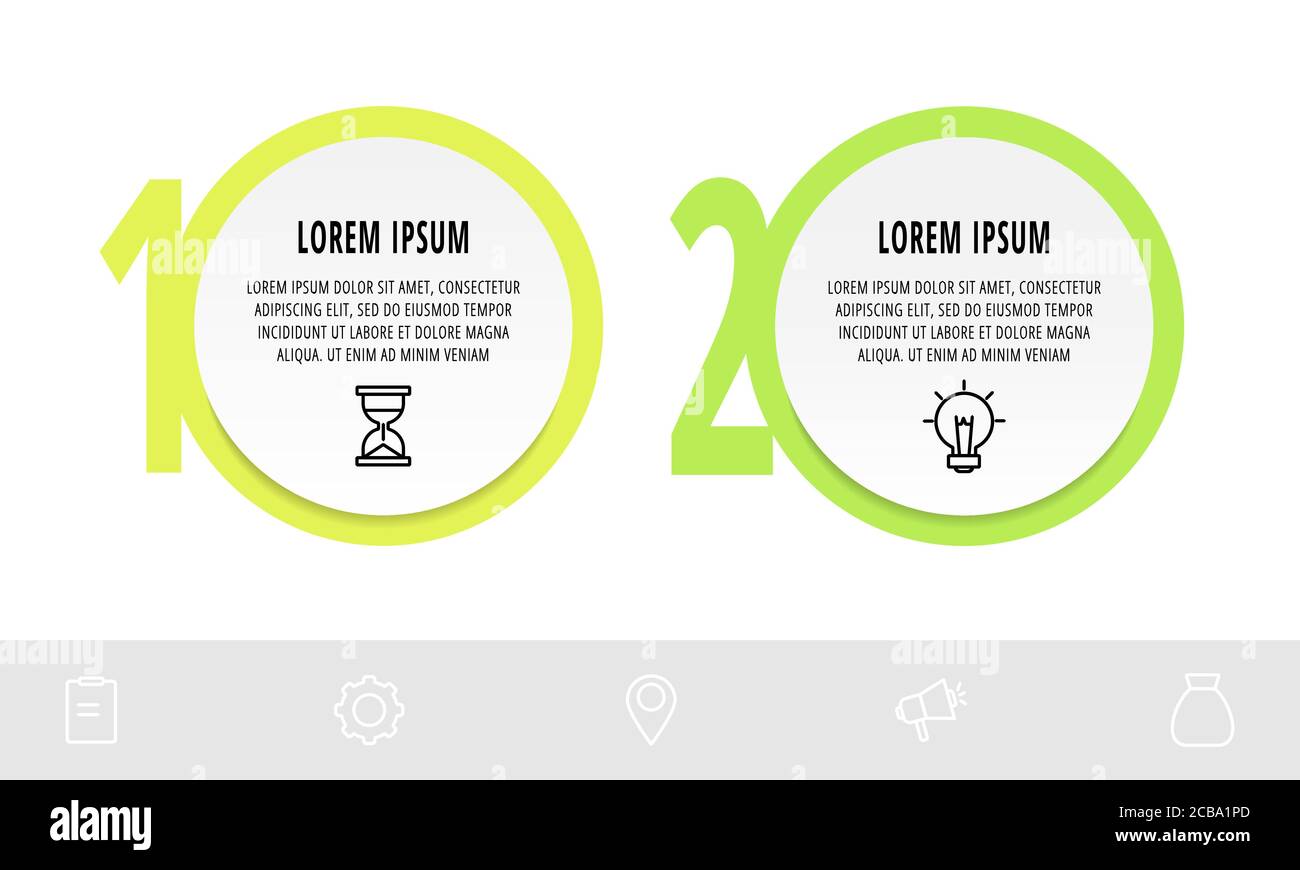 Infographics circles with 2 steps, icons. Flat line vector template. Can be used for two ...