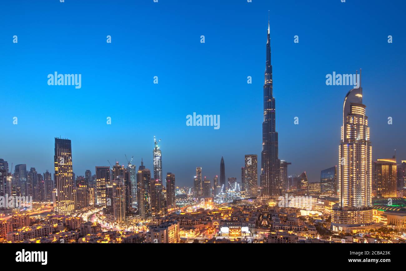 Dubai sunset panoramic view of downtown. Dubai is super modern city of ...