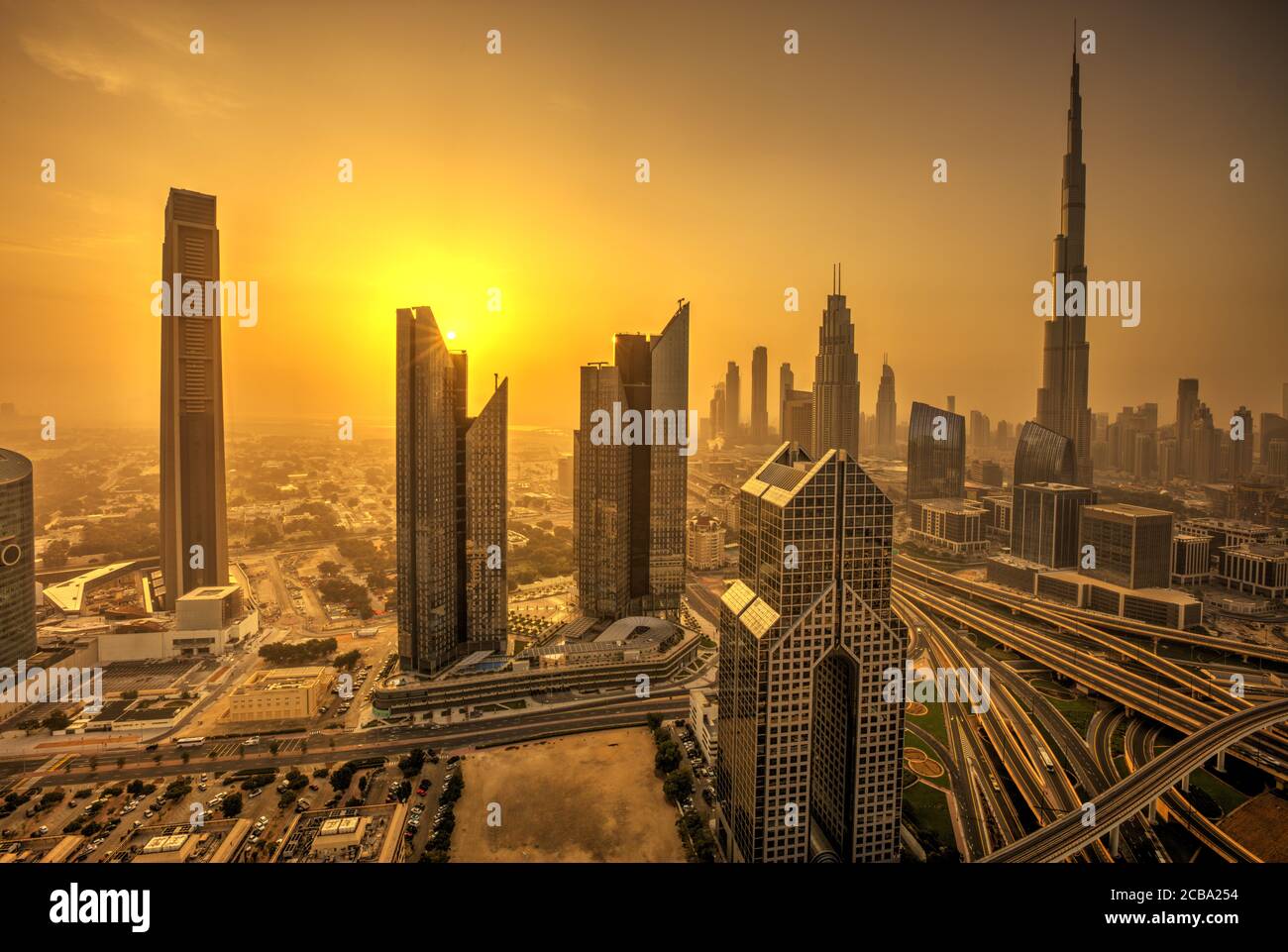 Dubai sunset panoramic view of downtown. Dubai is super modern city of ...
