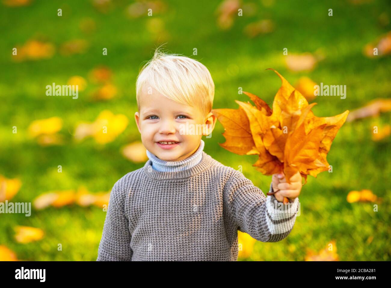 Happy child laughing and playing in autumn fall leaves on nature walk ...