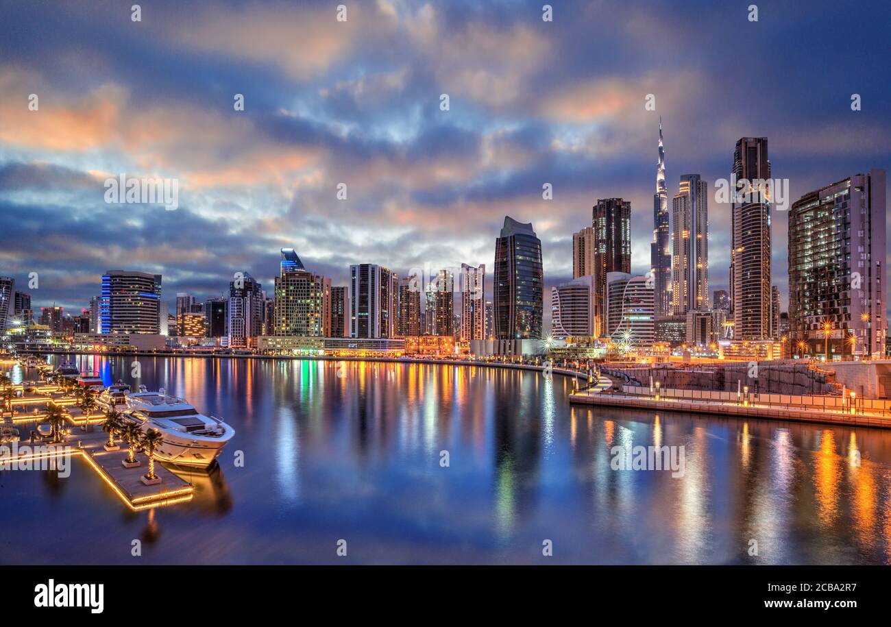 Dubai sunset panoramic view of downtown. Dubai is super modern city of ...