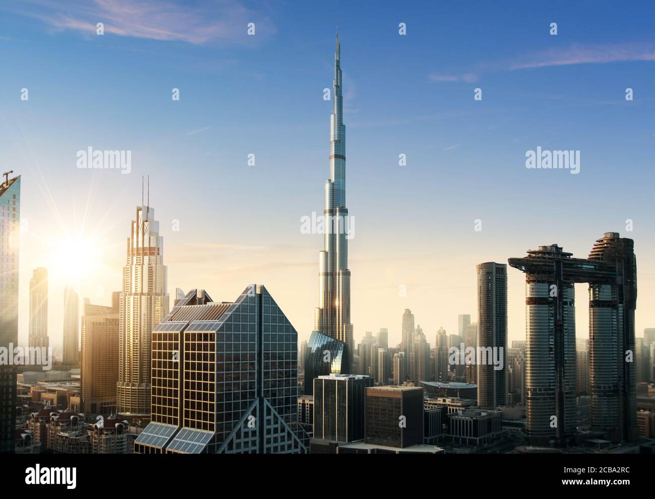 Dubai sunset panoramic view of downtown. Dubai is super modern city of ...